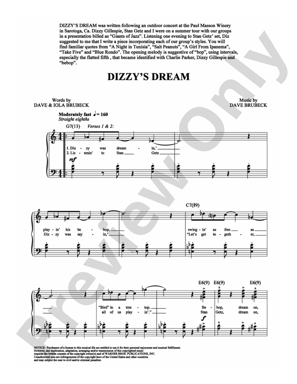 Dizzy's Dream: Piano/Vocal/Chords: Dave Brubeck - Digital Sheet Music ...