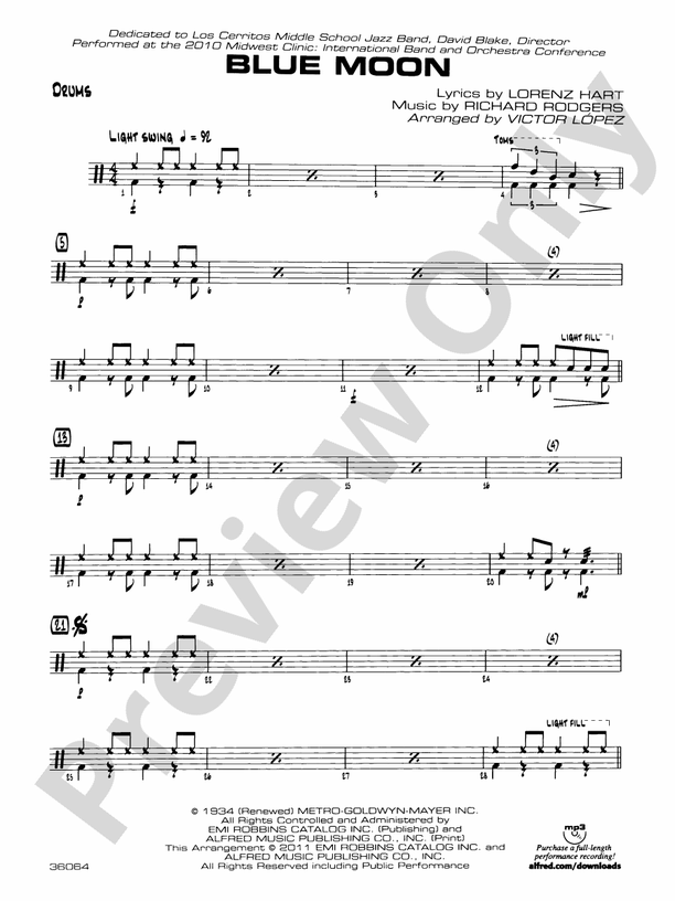 Blue Moon: Drums: Drums Part - Digital Sheet Music Download