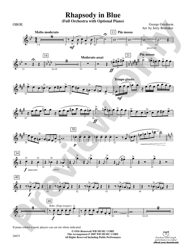 Rhapsody in Blue: Oboe: Oboe Part - Digital Sheet Music Download