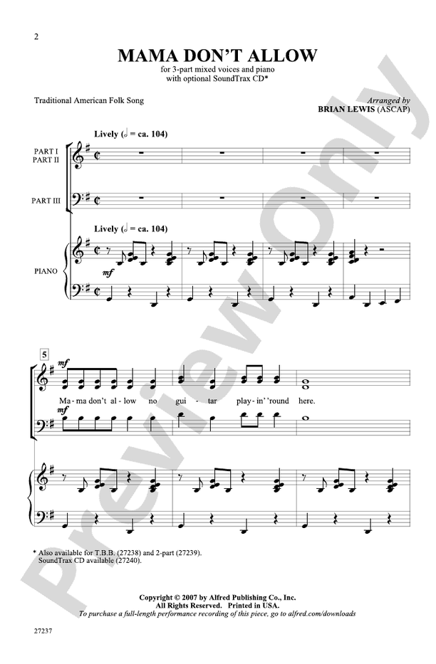 Mama Don't Allow: 3-Part Mixed Choral Octavo - Digital Sheet Music Download