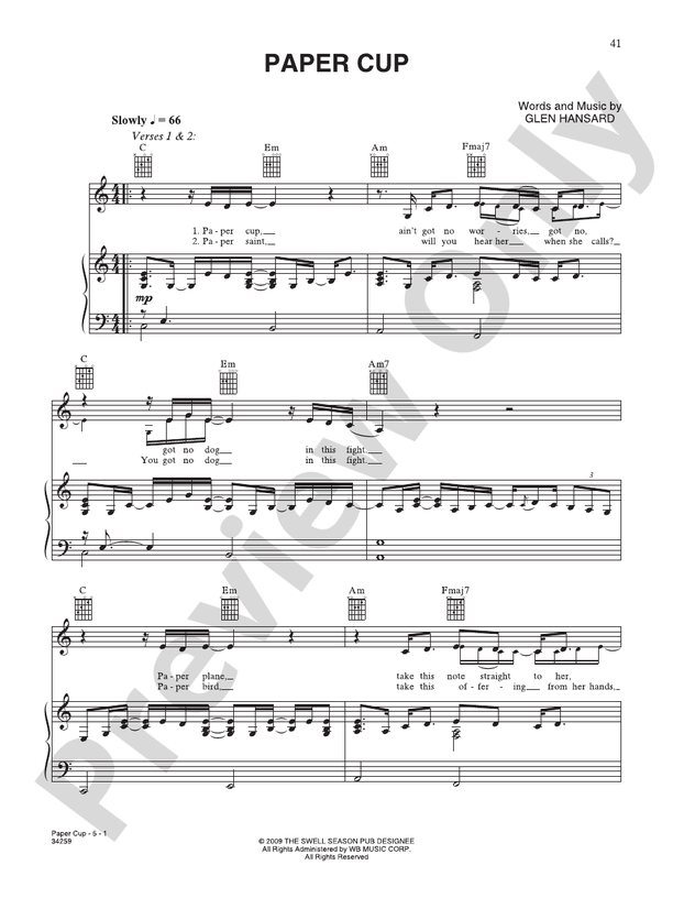 Paper Cup: Piano/Vocal/Chords: Swell Season - Digital Sheet Music Download