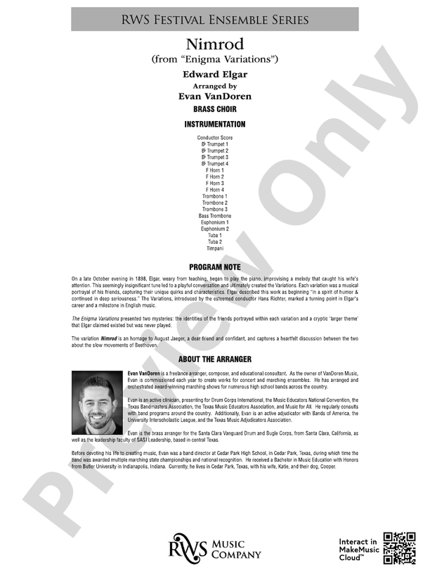 Nimrod (from "Enigma Variations"): Brass Ensemble Conductor Score ...