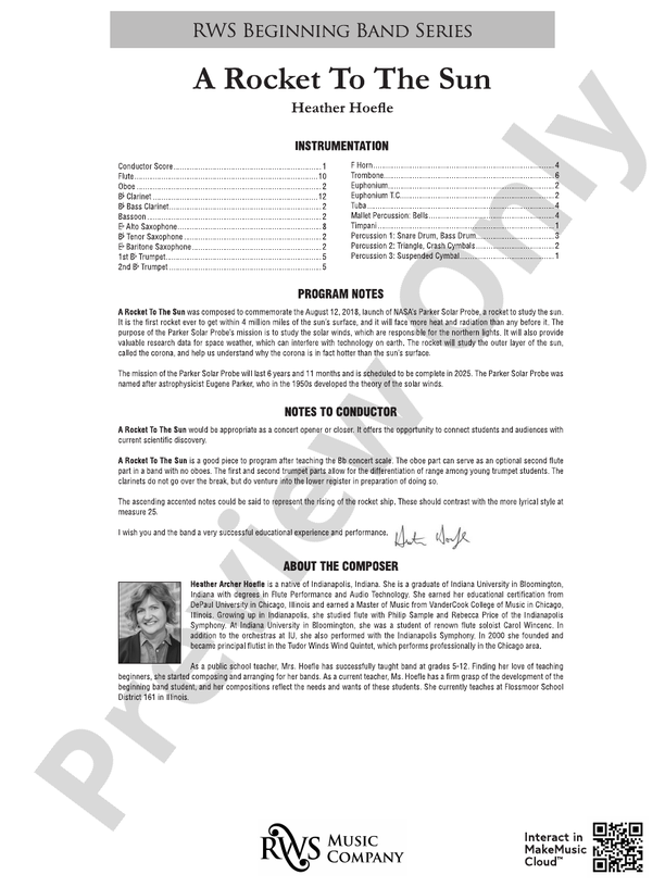 A Rocket to the Sun: Concert Band Conductor Score & Parts: Heather ...