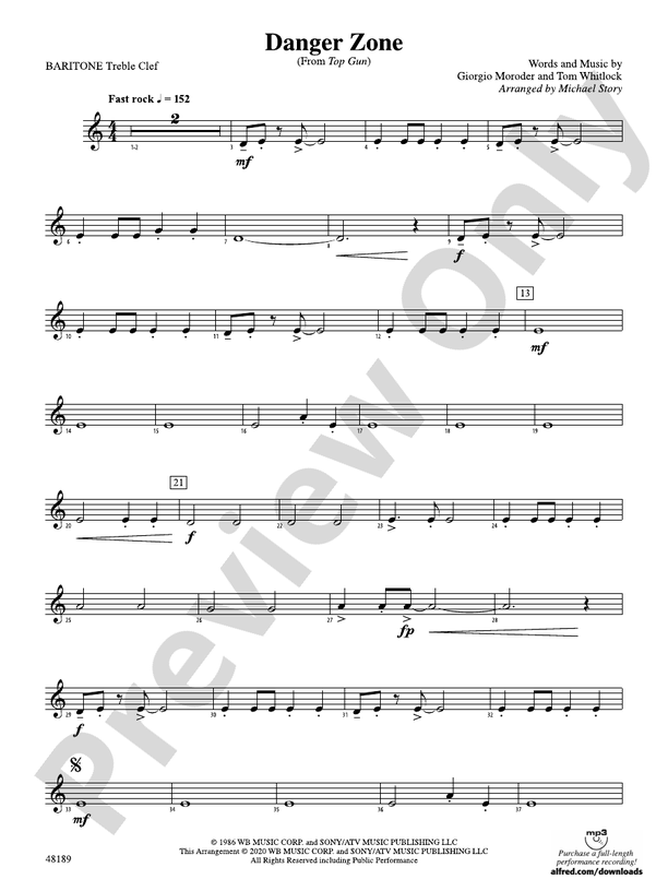 Danger Zone: Baritone T.C.: Baritone T.C. Part - Digital Sheet Music ...