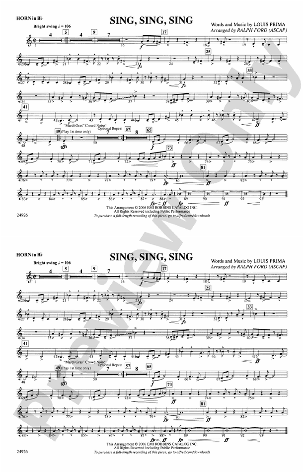 Sing, Sing, Sing: Horn in B flat: Horn in B flat Part - Digital Sheet ...