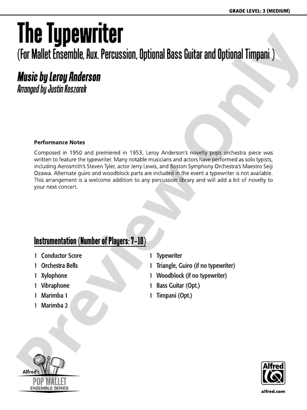The Typewriter: Percussion Ensemble Conductor Score & Parts: Leroy ...