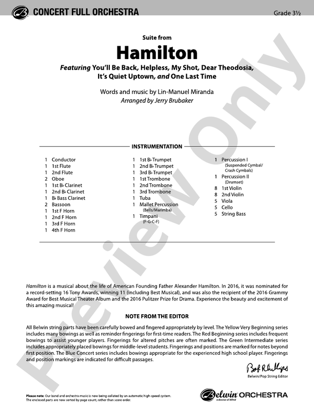Hamilton, Suite from: Full Orchestra Conductor Score & Parts: Lin ...