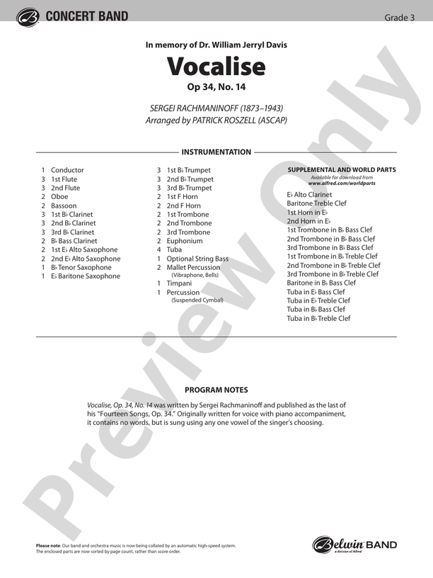 Vocalise, Op. 34, No. 14: Score: Concert Band Score - Digital Sheet ...