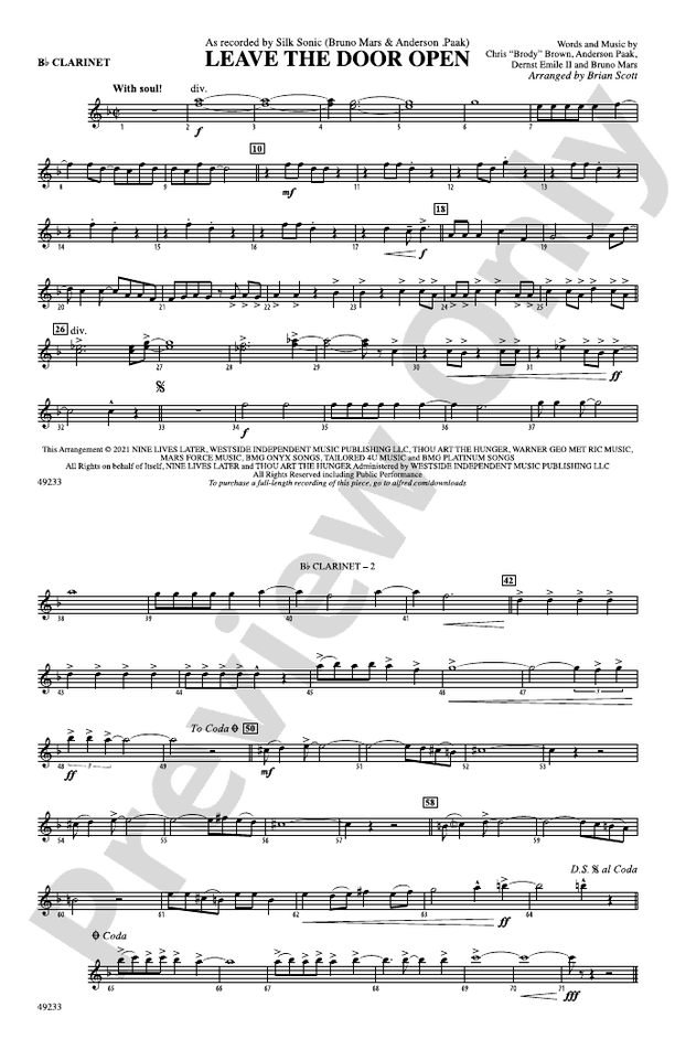 Leave the Door Open: 1st B-flat Clarinet: 1st B-flat Clarinet Part - Digital Sheet Music Download