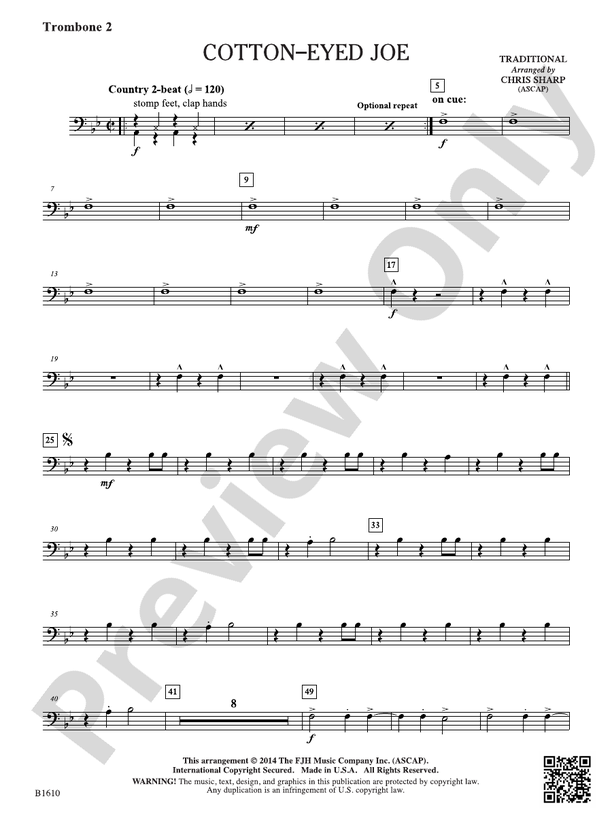Cotton-Eyed Joe: Trombone 2: Trombone 2 Part - Digital Sheet Music Download