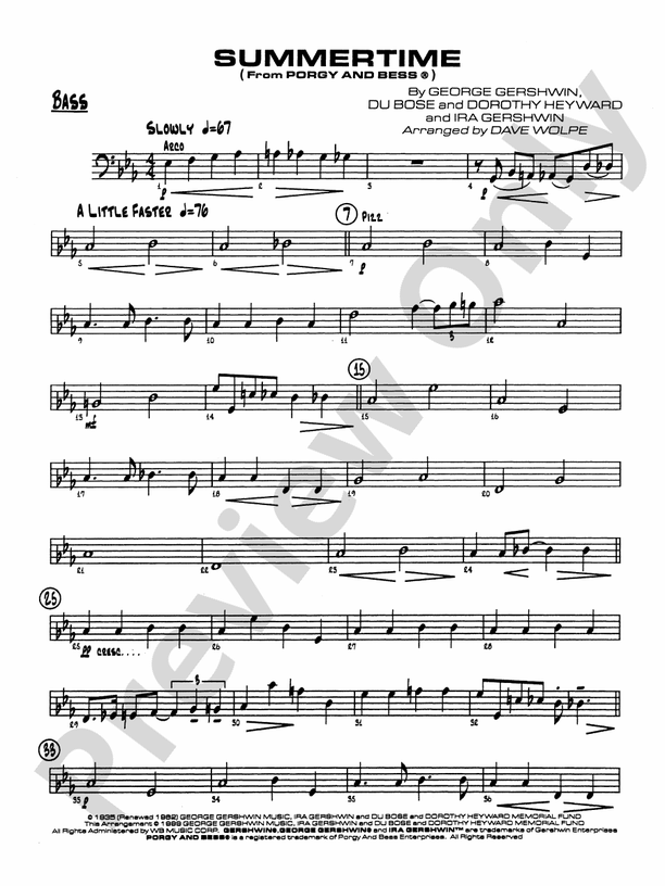 Summertime: String Bass: String Bass Part - Digital Sheet Music Download