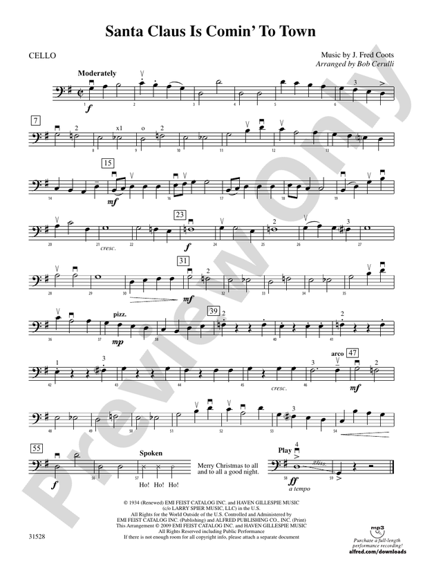 Santa Claus Is Comin' to Town: Cello: Cello Part - Digital Sheet Music ...