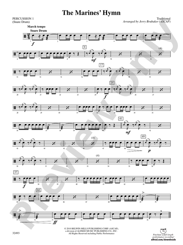 The Marines' Hymn: 1st Percussion: 1st Percussion Part - Digital Sheet ...