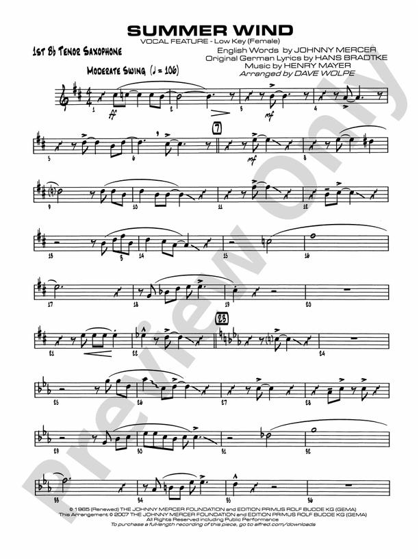 Summer Wind: B-flat Tenor Saxophone: B-flat Tenor Saxophone Part ...