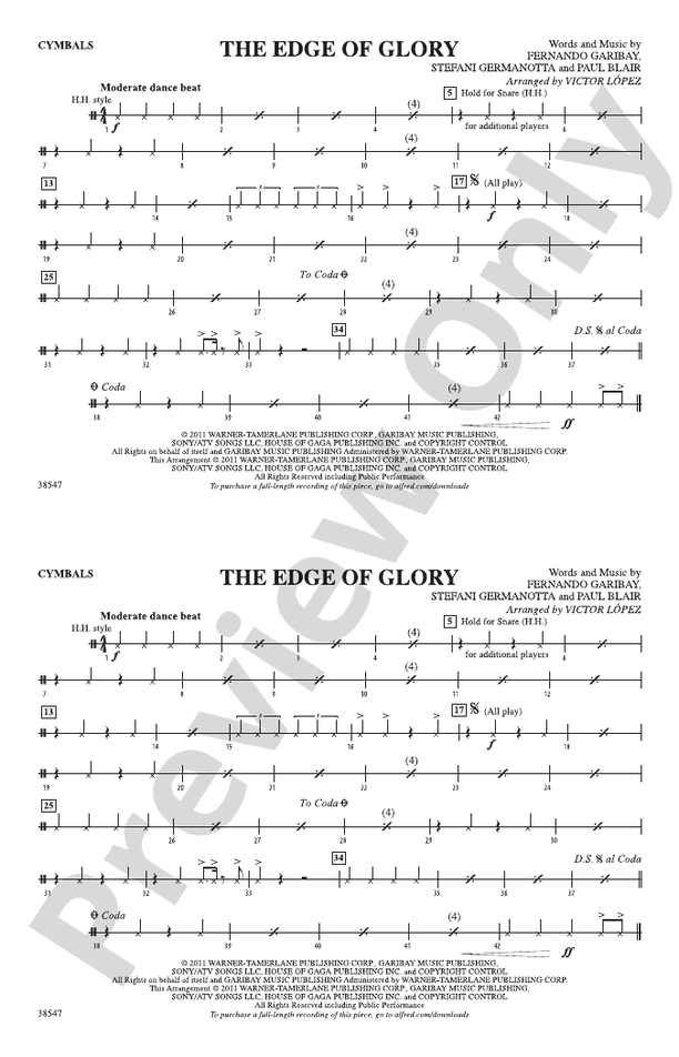 The Edge of Glory: Cymbals: Cymbals Part - Digital Sheet Music Download