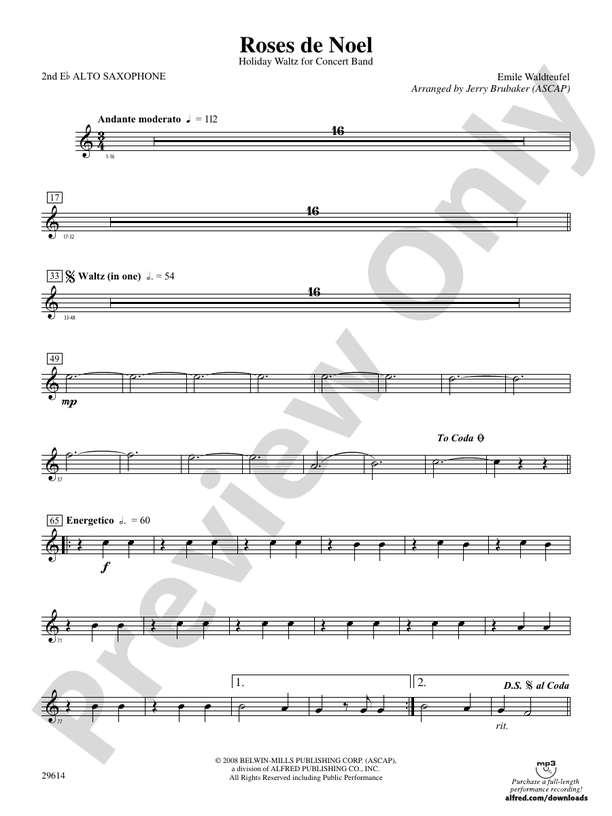 Roses de Noel: 2nd E-flat Alto Saxophone: 2nd E-flat Alto Saxophone Part - Digital Sheet Music ...