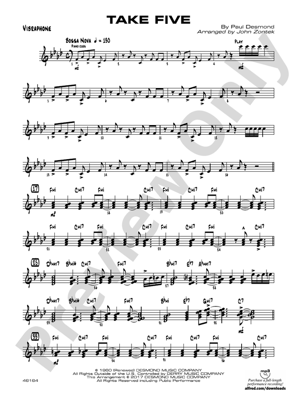 Take Five: Vibraphone: Vibraphone Part - Digital Sheet Music Download