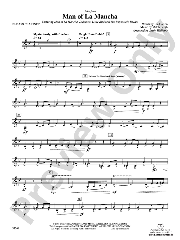Man of La Mancha: B-flat Bass Clarinet: B-flat Bass Clarinet Part - Digital Sheet Music Download