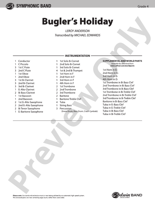 Bugler's Holiday (with Cornet Trio): Concert Band Conductor Score & Parts: Leroy Anderson ...