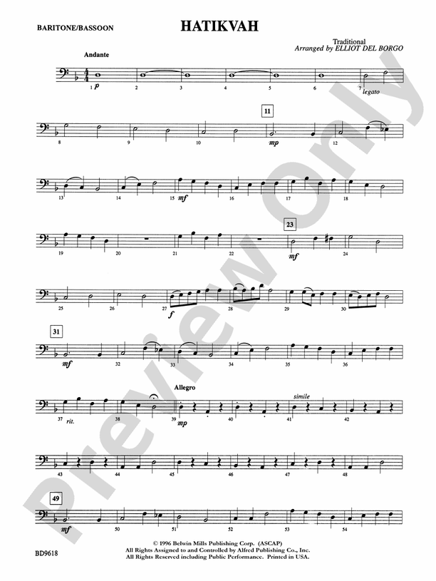 Hatikvah: Baritone B.C.: Baritone B.C. Part - Digital Sheet Music Download