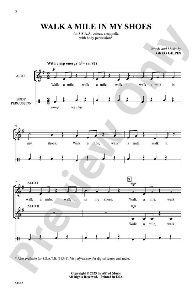 Walk a Mile in My Shoes: SSAA a cappella Choral Octavo: Greg Gilpin ...
