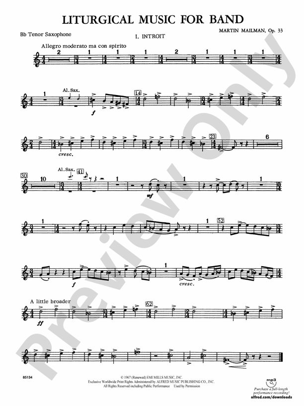 Liturgical Music for Band, Op. 33: B-flat Tenor Saxophone: B-flat Tenor ...
