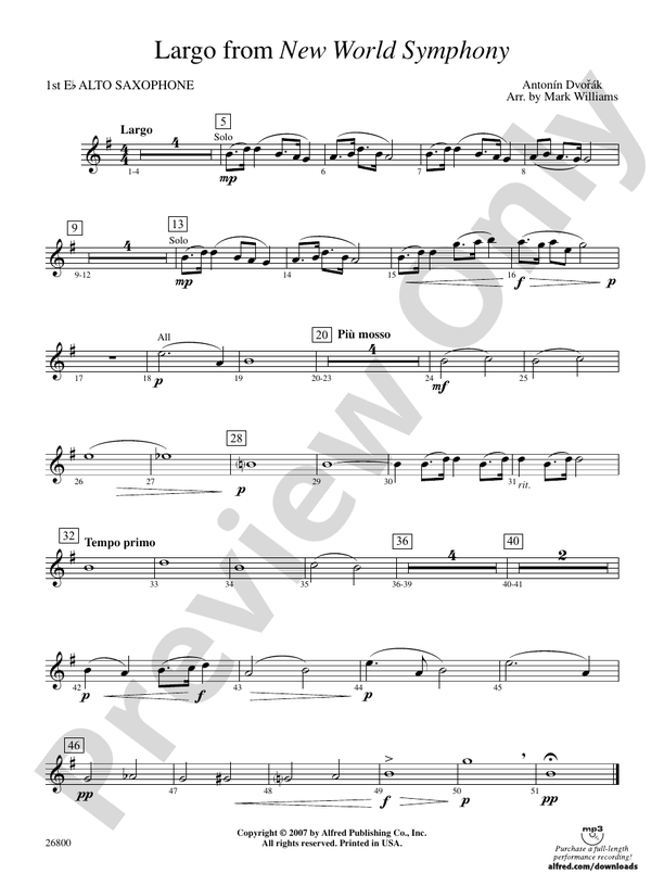 Largo from New World Symphony: E-flat Alto Saxophone: E-flat Alto ...