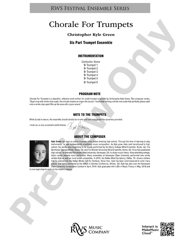 Chorale for Trumpets: Brass Ensemble Conductor Score & Parts: Christopher Kyle Green - Digital ...