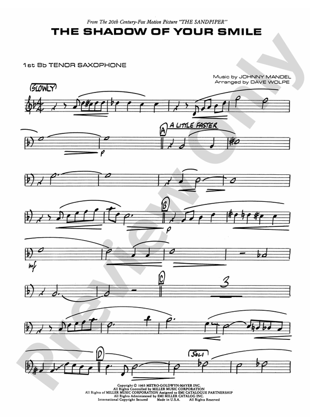 The Shadow of Your Smile (from The Sandpiper): B-flat Tenor Saxophone ...