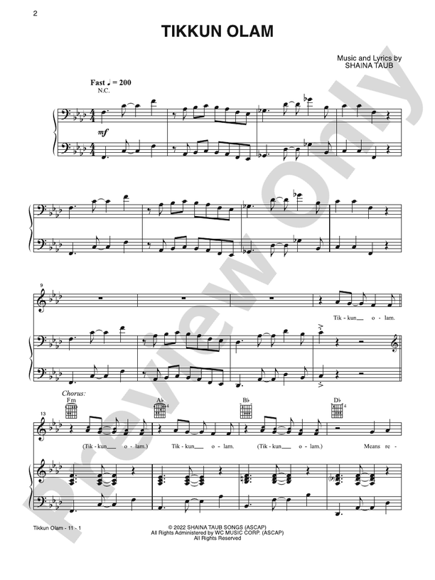 Tikkun Olam: Piano: Shaina Taub - Digital Sheet Music Download