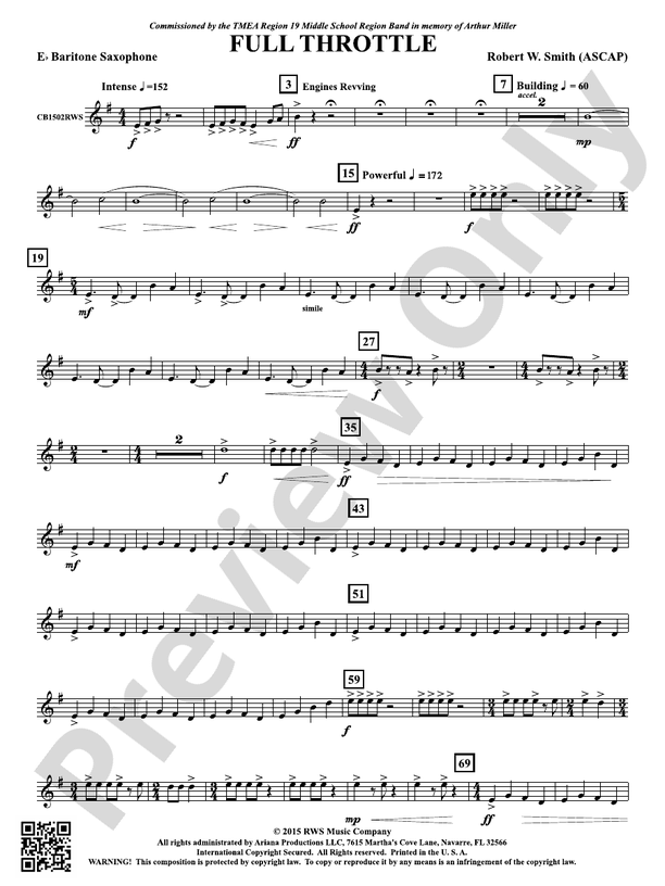 Full Throttle: E-flat Baritone Saxophone: E-flat Baritone Saxophone Part: Robert W. Smith ...