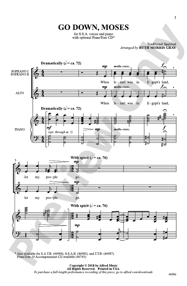 Go Down, Moses: SSA Choral Octavo - Digital Sheet Music Download