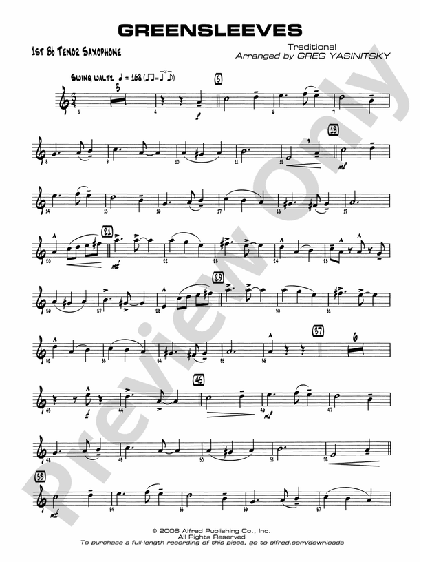 Greensleeves: B-flat Tenor Saxophone: B-flat Tenor Saxophone Part - Digital Sheet Music Download
