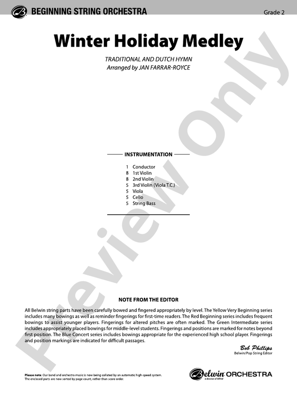 Winter Holiday Medley: String Orchestra Conductor Score & Parts ...