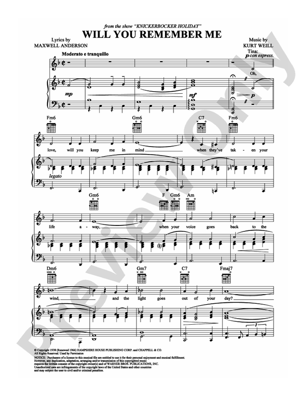 Will You Remember Me: Piano/Vocal/Chords: Kurt Weill - Digital Sheet ...