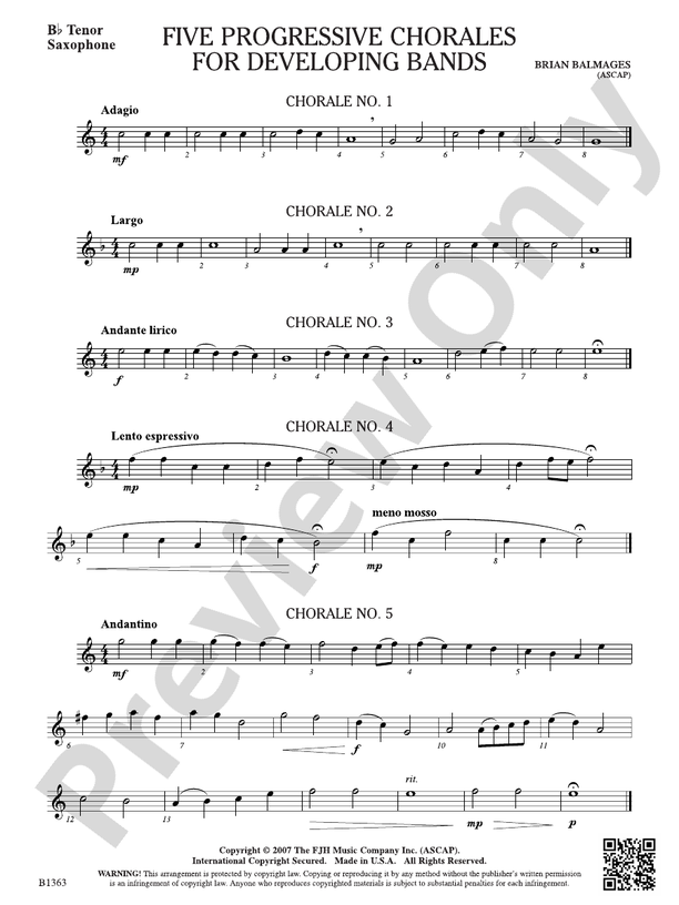 Five Progressive Chorales for Developing Bands: B-flat Tenor Saxophone ...