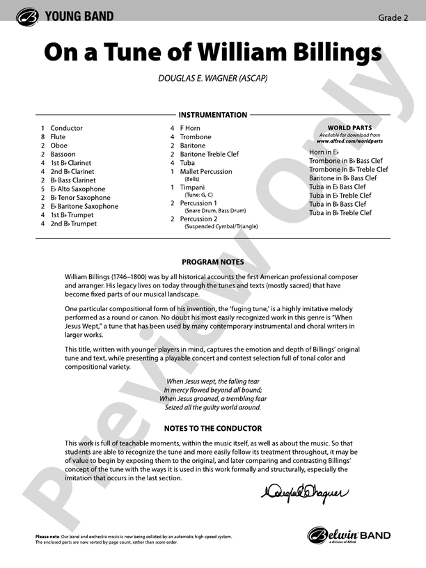 On a Tune of William Billings: Concert Band Conductor Score & Parts ...