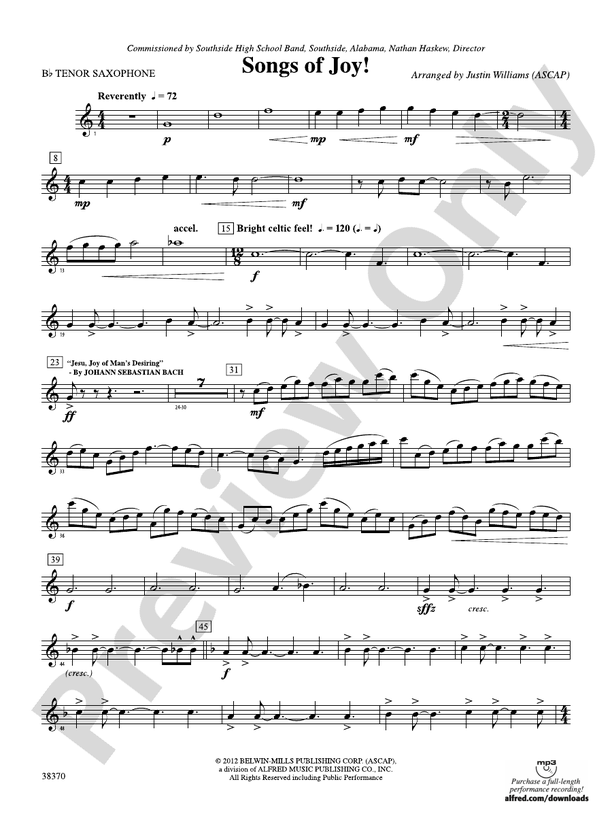 Songs of Joy!: B-flat Tenor Saxophone: B-flat Tenor Saxophone Part ...