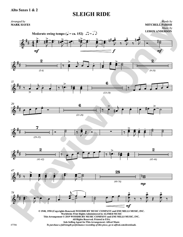 Sleigh Ride: 1st & 2nd E-flat Alto Saxophone: 1st & 2nd E-flat Alto Saxophone Part - Digital ...