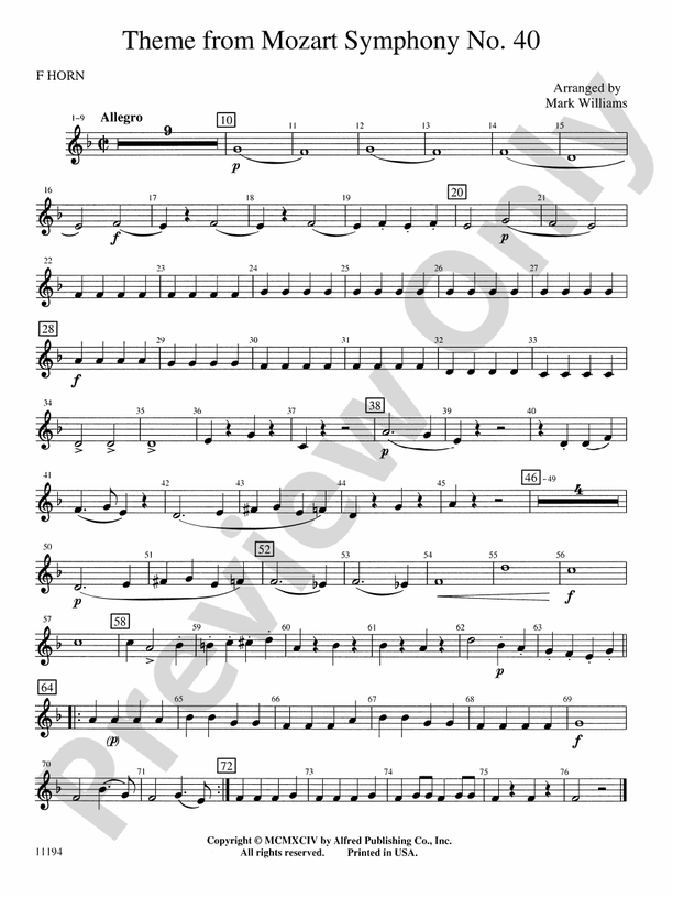 Theme from Mozart Symphony No. 40: 1st F Horn: 1st F Horn Part ...