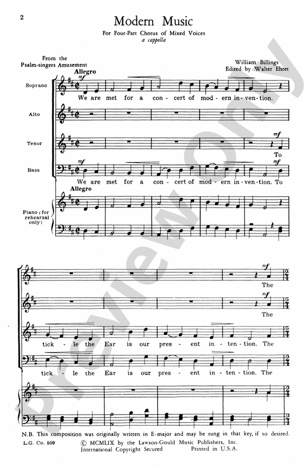 Modern Music: SATB Choral Octavo: William Billings - Digital Sheet ...