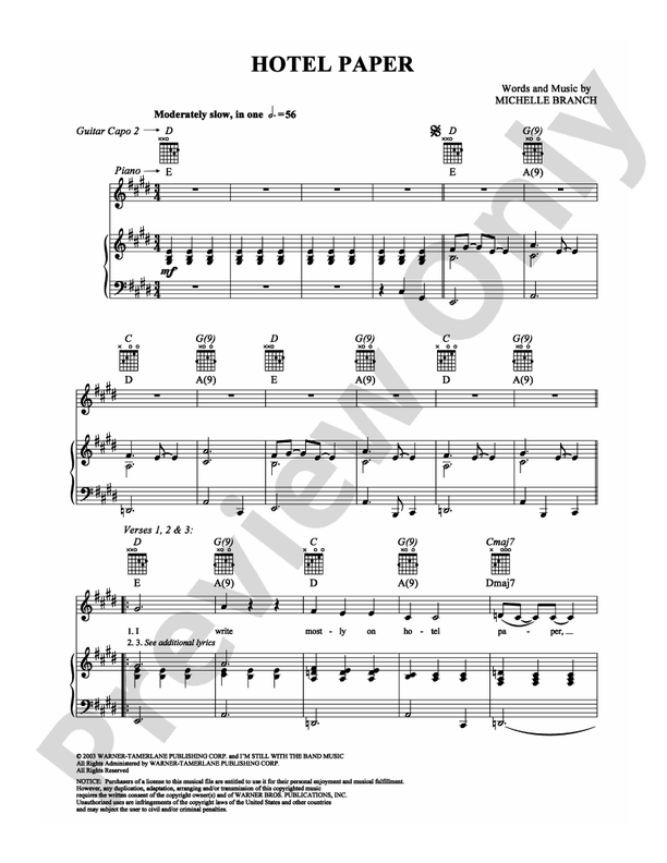 Hotel Paper: Piano/Vocal/Chords: Michelle Branch - Digital Sheet Music ...