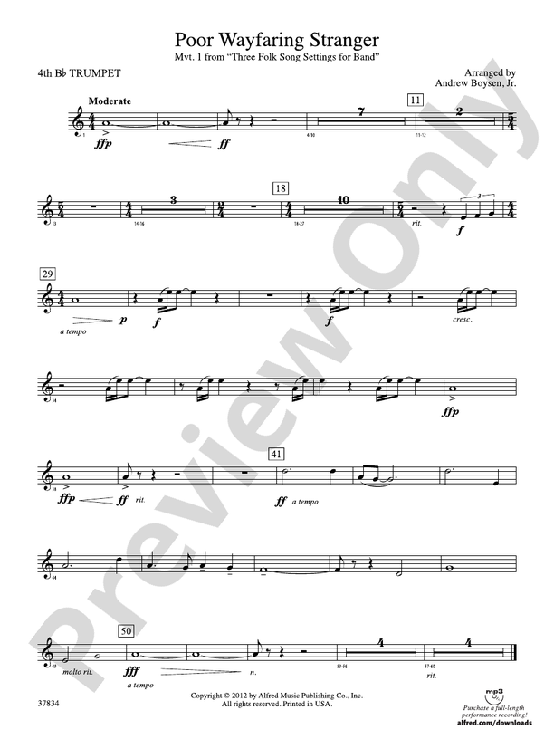Poor Wayfaring Stranger: 4th B-flat Trumpet: 4th B-flat Trumpet Part ...