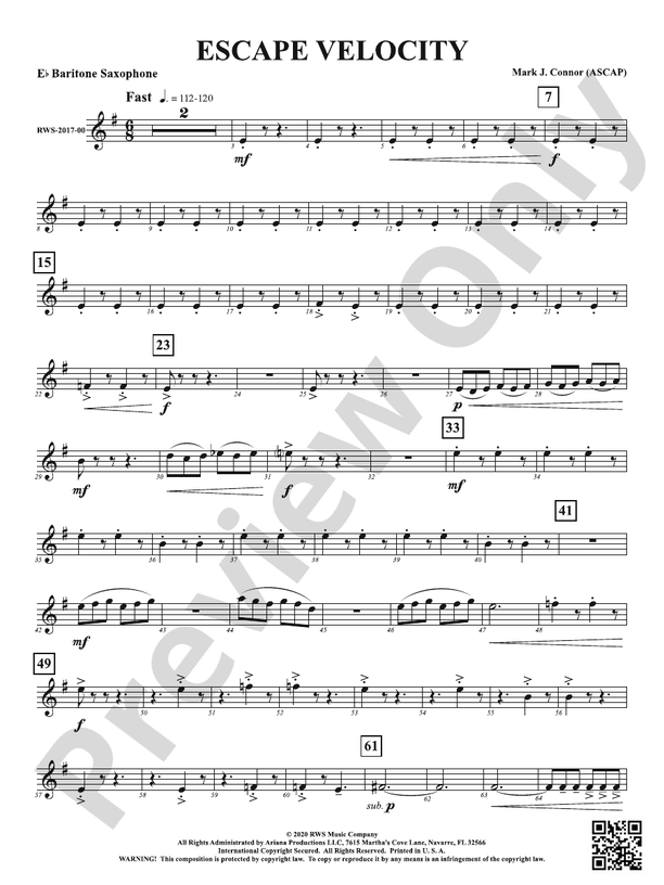 Escape Velocity: E-flat Baritone Saxophone: E-flat Baritone Saxophone Part: Mark J. Connor ...