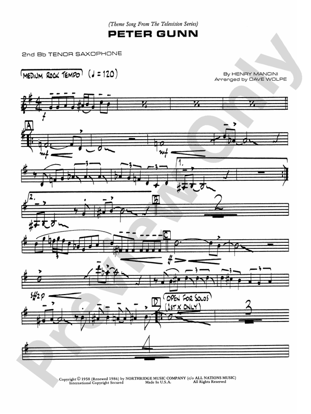 Peter Gunn: 2nd B-flat Tenor Saxophone: 2nd B-flat Tenor Saxophone Part - Digital Sheet Music ...