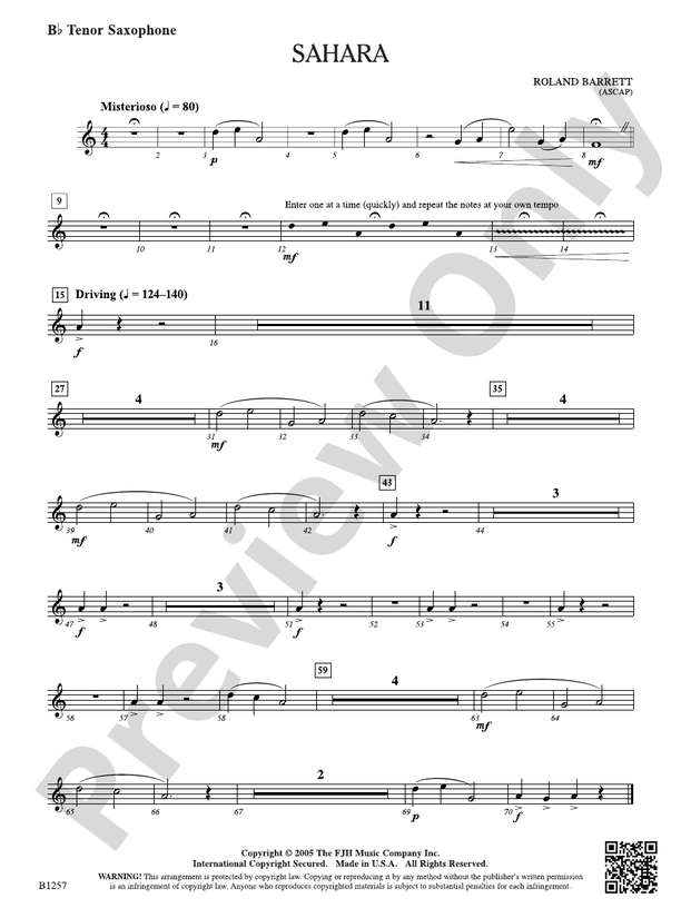 Sahara: B-flat Tenor Saxophone: B-flat Tenor Saxophone Part: Roland Barrett - Digital Sheet ...