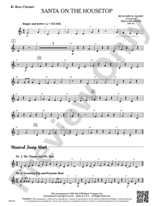 Santa on the Housetop: B-flat Bass Clarinet: B-flat Bass Clarinet Part ...