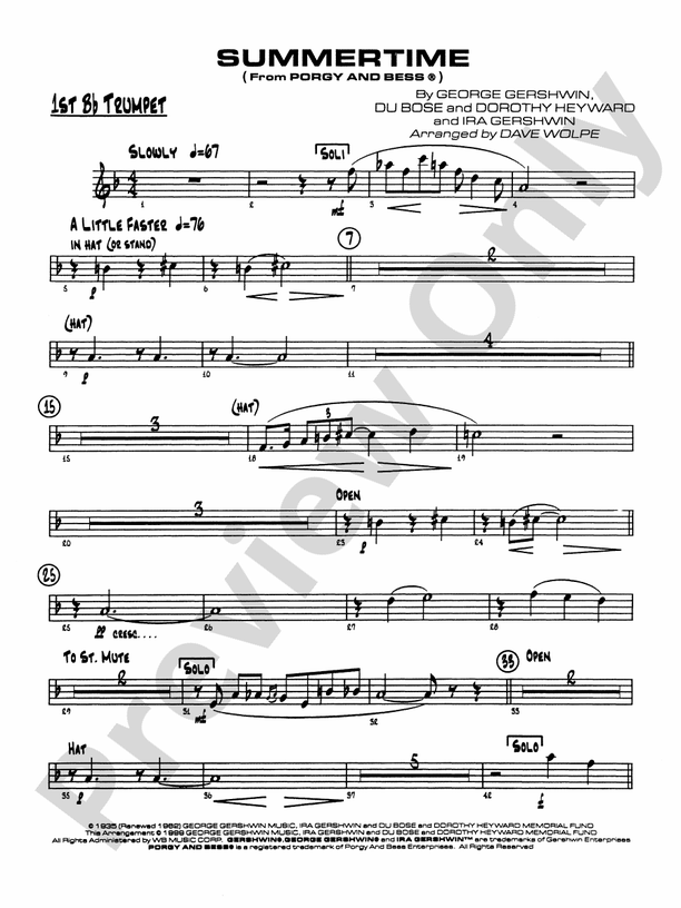 Summertime: 1st B-flat Trumpet: 1st B-flat Trumpet Part - Digital Sheet Music Download