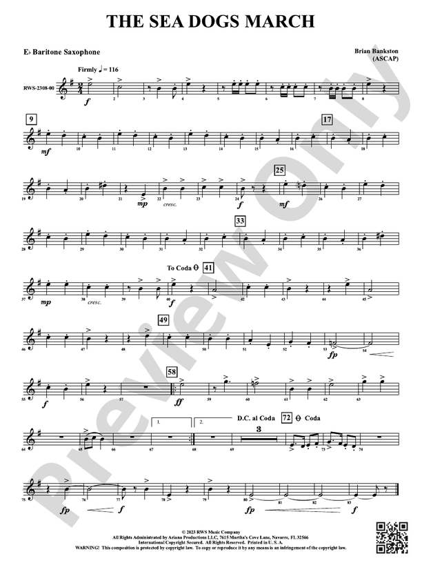 The Sea Dogs March: E-flat Baritone Saxophone: E-flat Baritone Saxophone Part: Brian Bankston ...