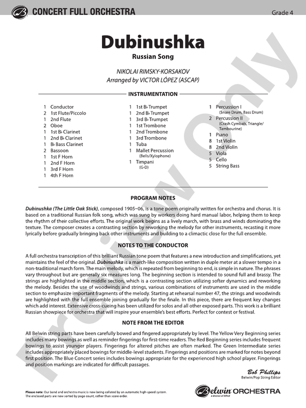 Dubinushka: Full Orchestra Conductor Score & Parts: Nikolai Rimsky ...